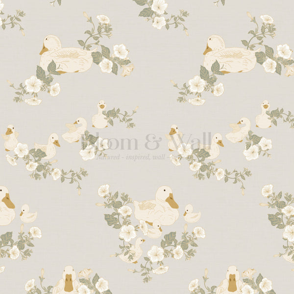 Ariel Ducks and Petunias Light Dove Wallpaper – Bloom & Wall